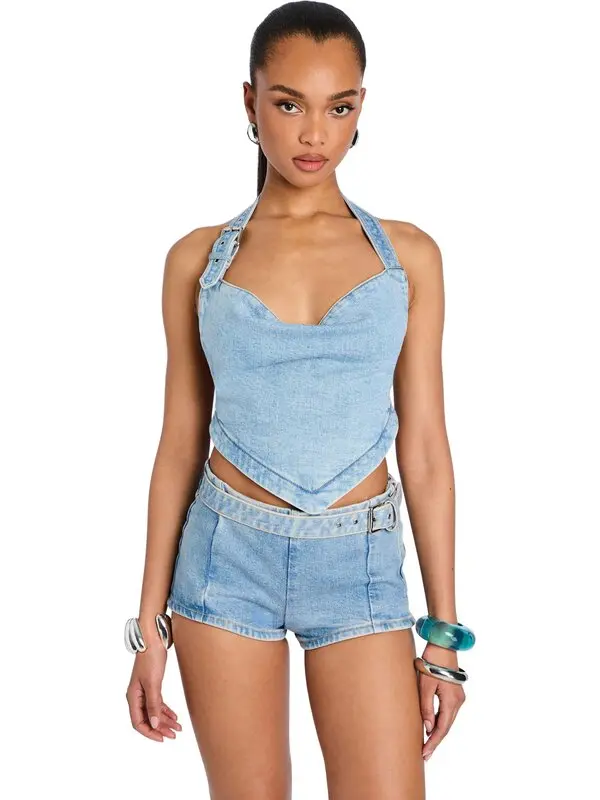 Retrofete Amelisse Denim Halter Top With Cowl Neckline - Bleeker
