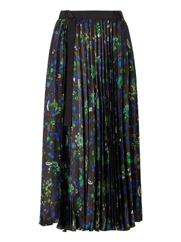 Sacai Floral-print Pleated Georgette Midi Skirt With Grosgrain Belt - Black