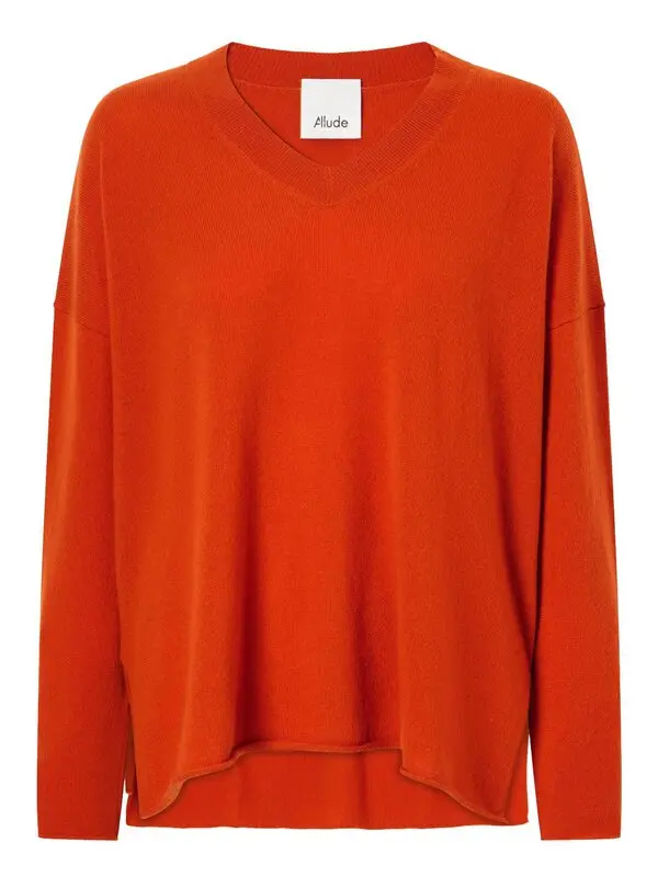 ALLUDE Cashmere V-neck Sweater With Raw Cut Edges - Orange