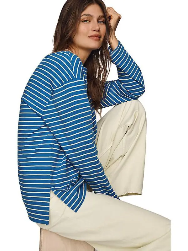 Maeve Greer Cotton Relaxed Long-sleeve Top Striped Boat Neck Pullover - Blue Stripe