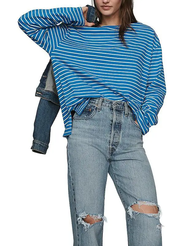 Maeve Greer Striped Cotton Long-sleeve Top - Blue Stripe