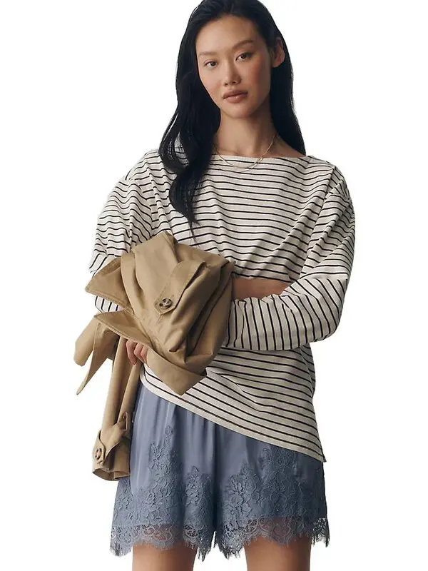 Maeve Greer Cotton Relaxed Long-sleeve Top Striped Boat Neck Pullover - White Stripe