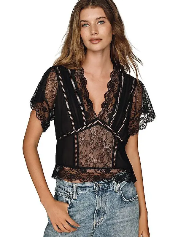 Anthropologie Mixed Lace Top With Scalloped V-neckline And Flutter Sleeves - Black
