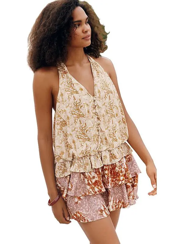 CELANDINE Plunge Neck Mini Dress - Beige
