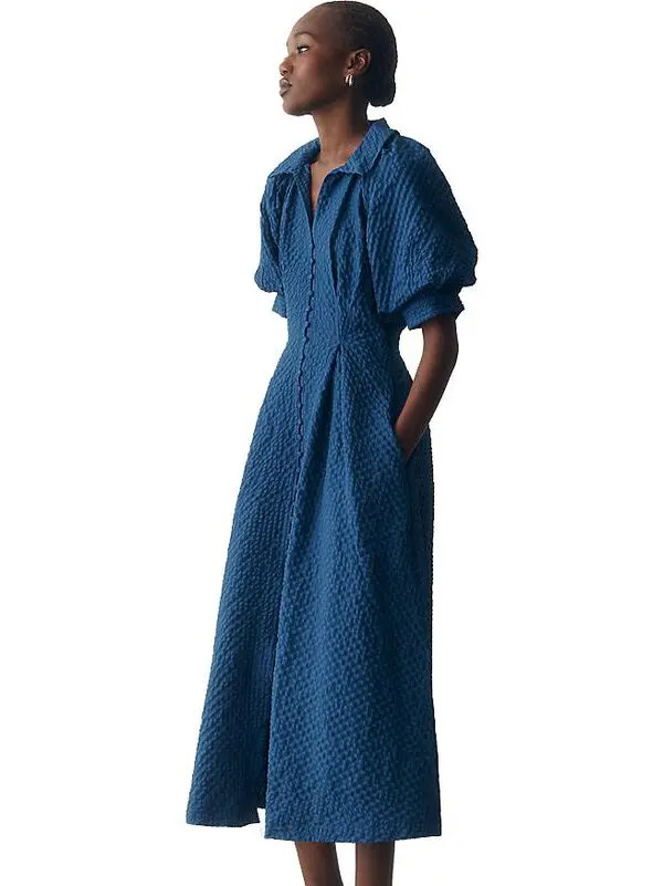 English Factory Puff Sleeve Textured Midi Shirtdress - Blue