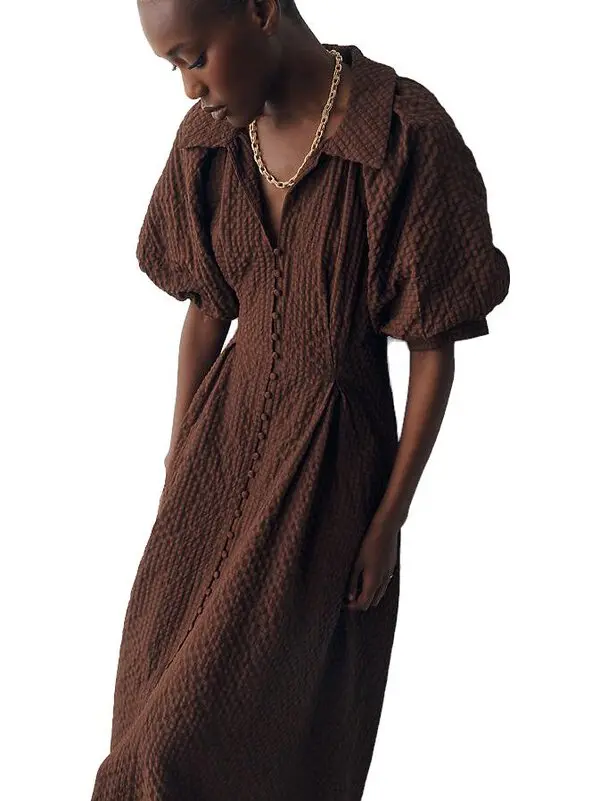 English Factory Puff Sleeve Textured Midi Shirtdress - Chocolate