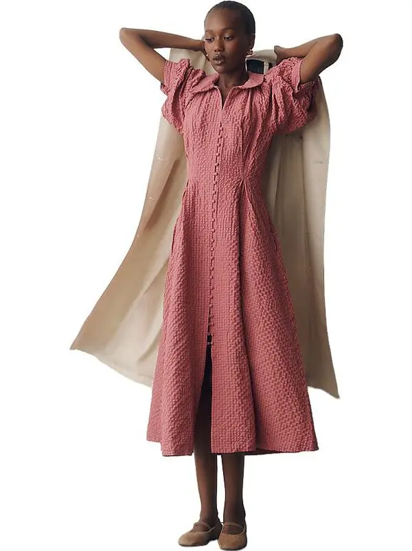 English Factory Puff Sleeve Textured Midi Shirtdress - Pink