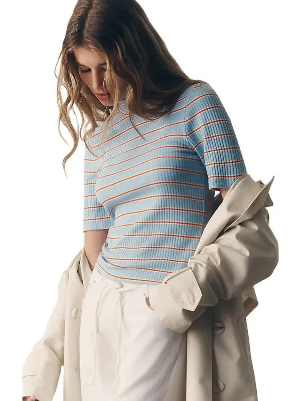 Anthropologie Ribbed Mock Neck Striped Top - Blue Stripe