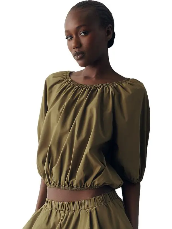 Daily Practice Bubble Top With Voluminous Puff Sleeves - Olive