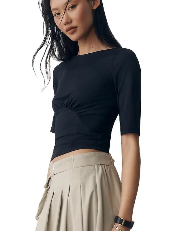 Maeve Ruched Boat-neck Top With Half-sleeves - Black