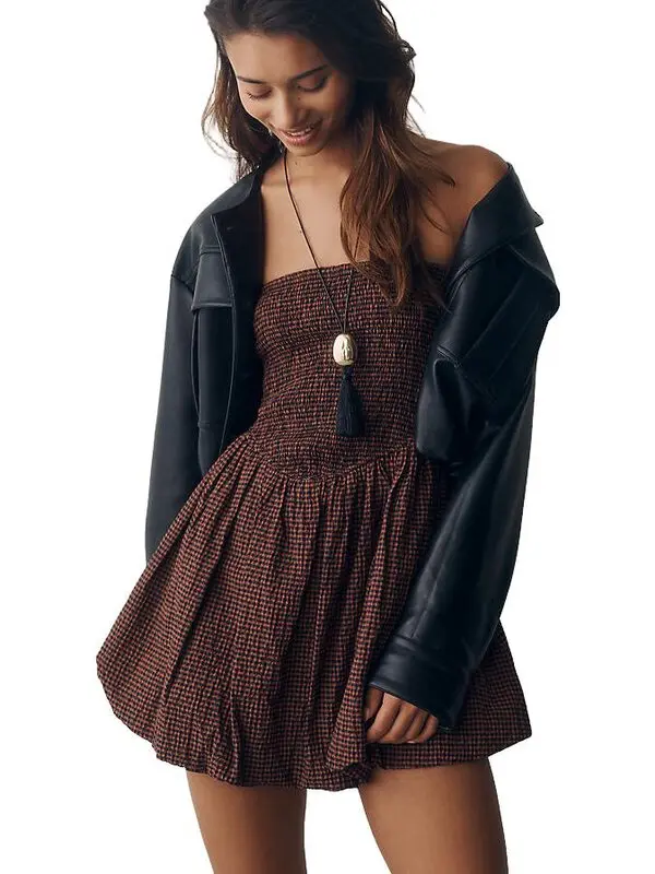 Anthropologie Strapless Smocked Bodice Bubble Dress - Brown Combo