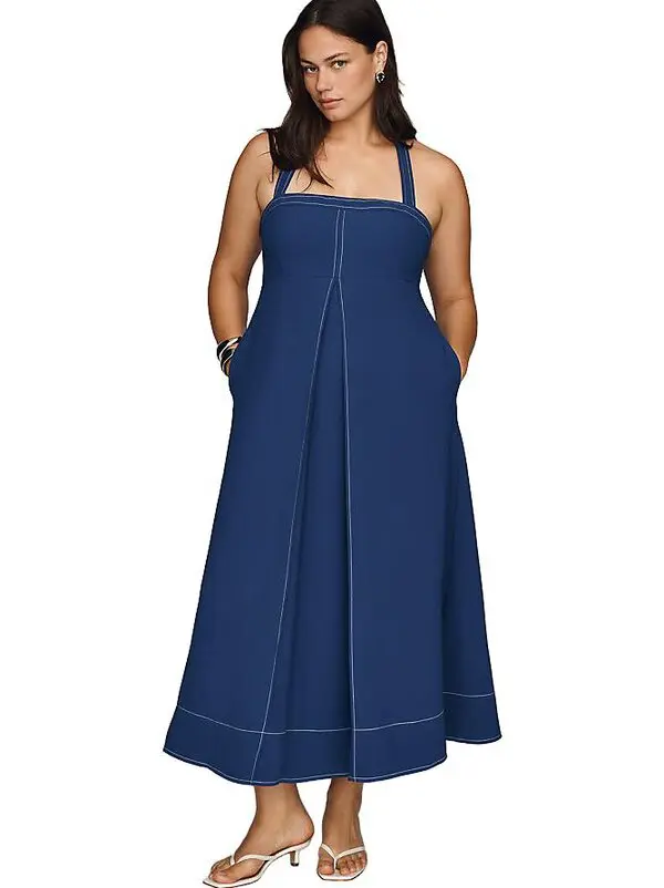 English Factory Halterneck Midi Dress With Pockets - Blue