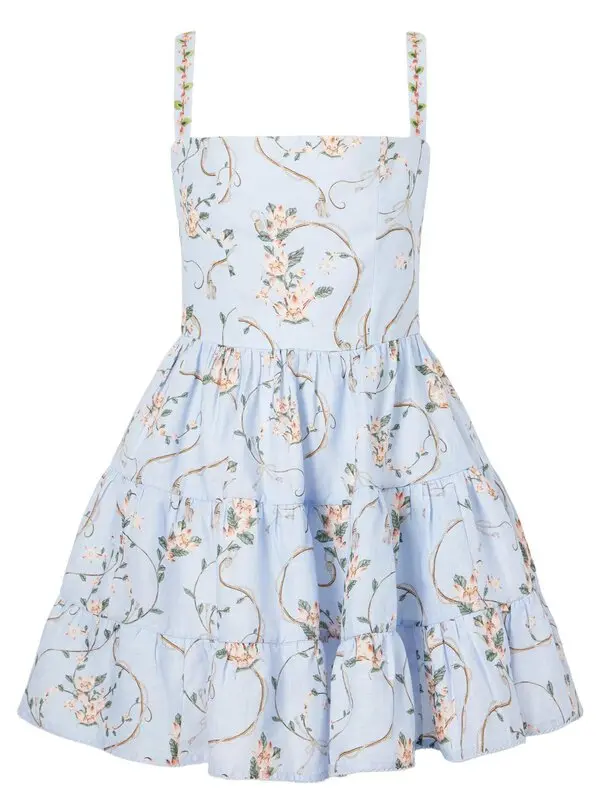 Agua Bendita Lima Floral Linen Mini Dress - Blue