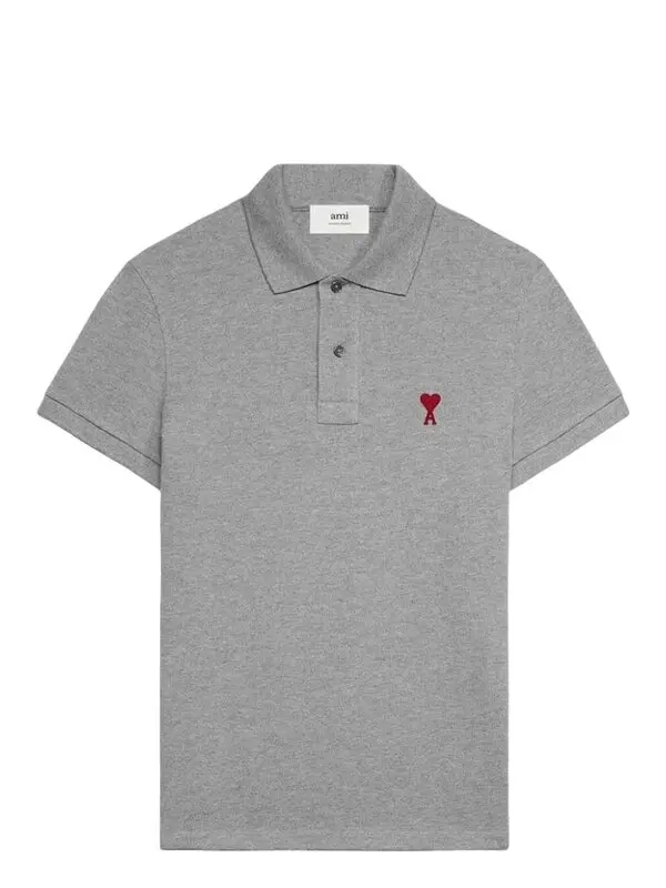 AMI Paris Logo Embroidered Short Sleeved Polo Shirt - Gray