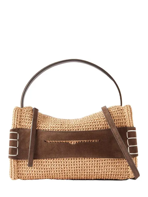 JW Anderson Crocheted Raffia Shoulder Bag With Suede Trim - Beige