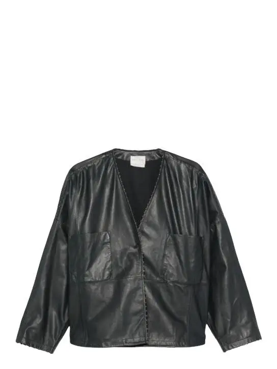 FORTE_FORTE V-neck Leather Jacket With Chest Pocket - Blue