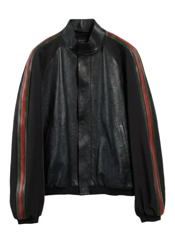 Gucci Leather Bomber Jacket With Web Detail - Black