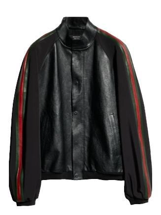 Gucci Leather Bomber Jacket With Web Detail - Black