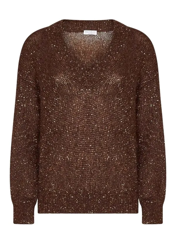 Brunello Cucinelli Long Sleeve Knit Top With V-neck - Brown