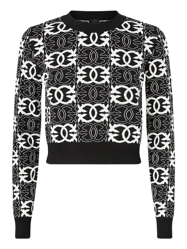Pinko Long Sleeve Knit Top With All-over Logo Pattern - Black