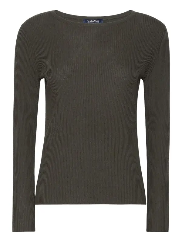 Max Mara Ribbed Boat Neck Long Sleeve Knitwear With Gemstone Cuffs - Khaki