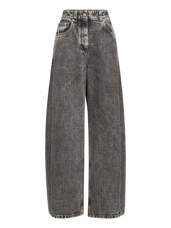 Brunello Cucinelli Prince Of Wales Denim Wide Leg Trousers With Monili - Black