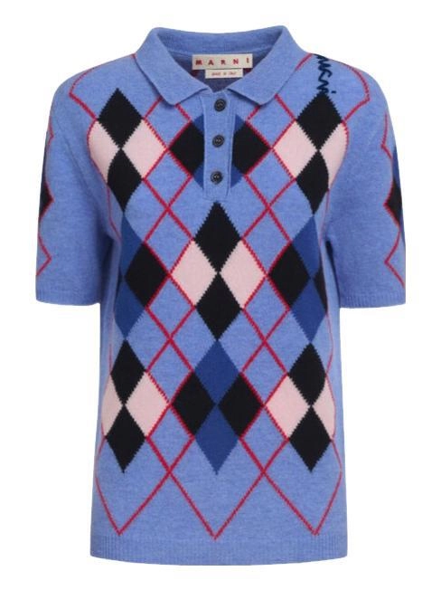 Marni Argyle Knit Polo Shirt - Light Blue