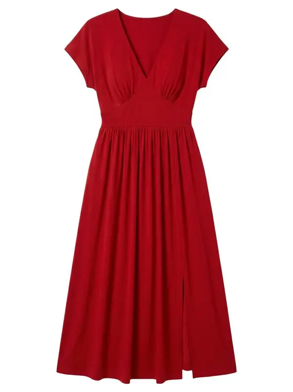 LOUCHE Linen Mix V-neck Midi Dress - Red