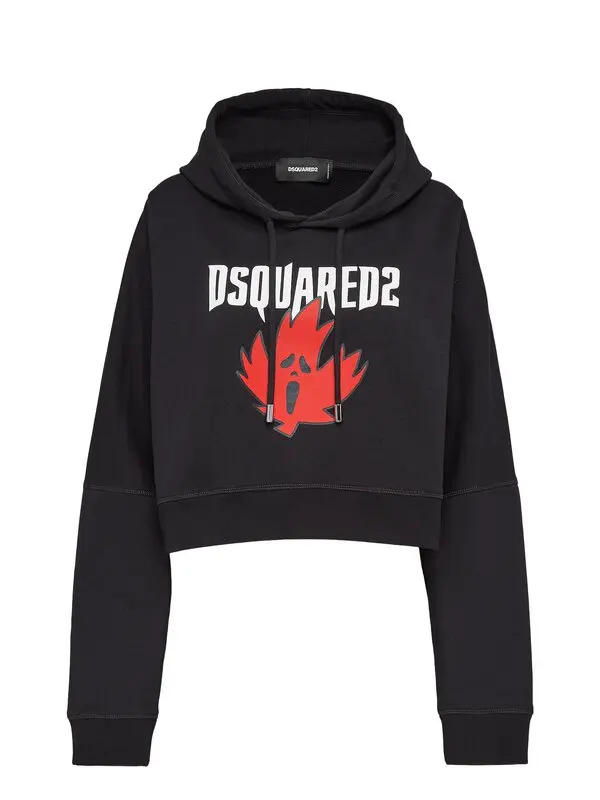 Dsquared2 Maple Leaf Cropped Hoodie Sweatshirt - Black
