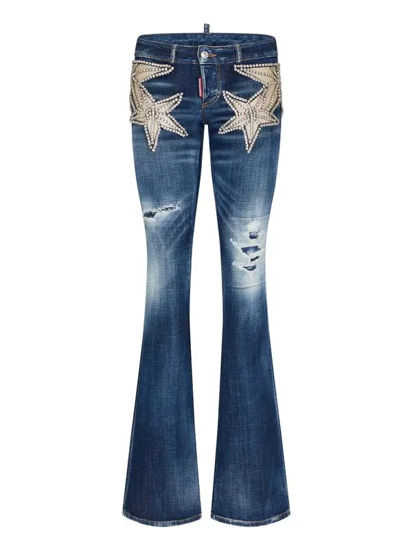 Dsquared2 Dark Wash Ripped Starry Night Low Waist Flare Jeans - Blue
