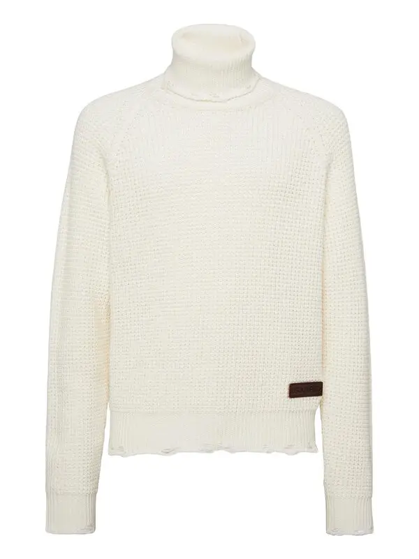 Dsquared2 Pure Virgin Wool Turtleneck Pullover With Frayed Edges - White