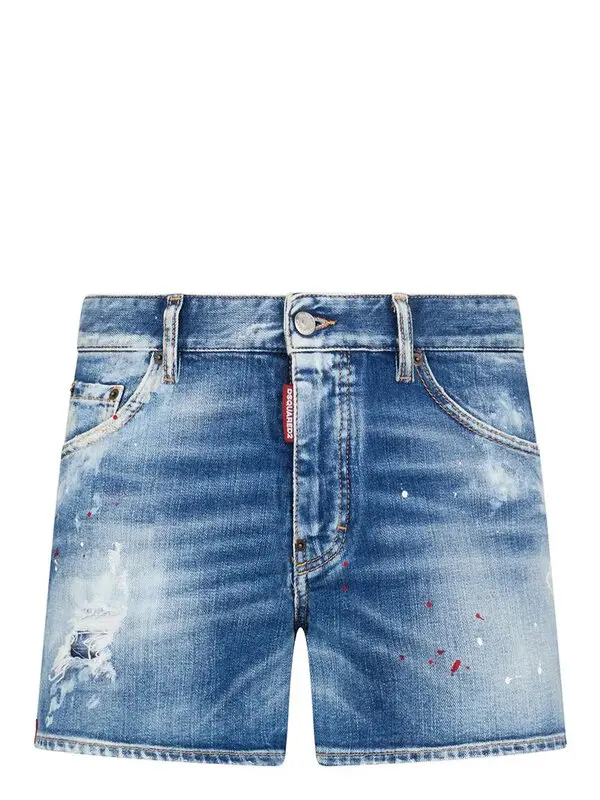 Dsquared2 Medium Wash Distressed Denim Shorts With Paint Splatter And Patch Detail - Blue
