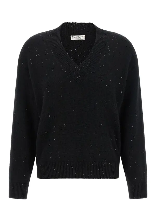 Brunello Cucinelli Cashmere Silk V-neck Sequined Sweater - Black