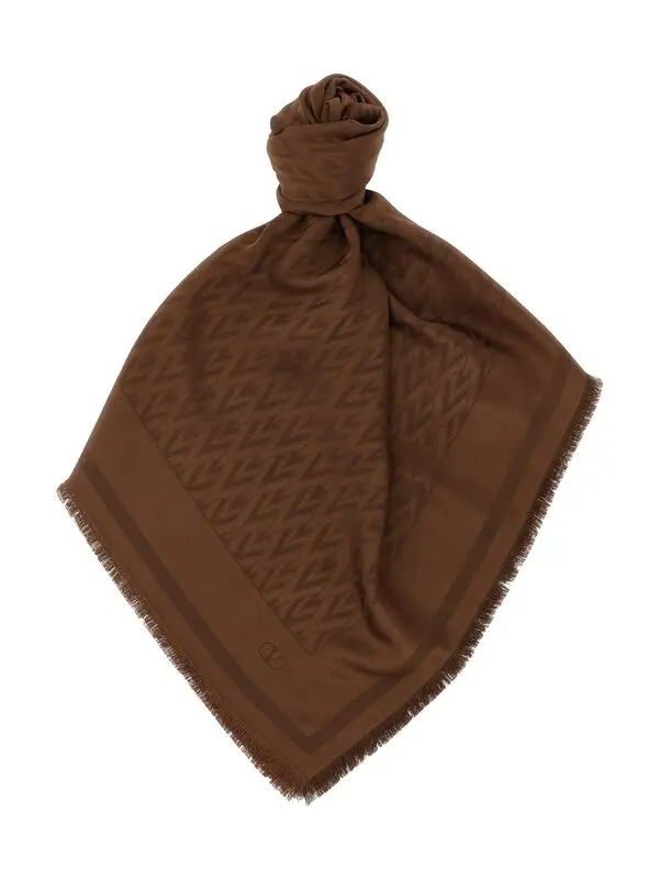 Valentino Garavani Silk Wool Jacquard "toute La V" Shawl With Fringed Edges - Brown