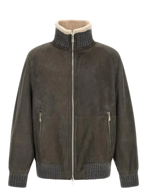 Brunello Cucinelli Lambskin Leather Jacket With Shearling Lining - Gray