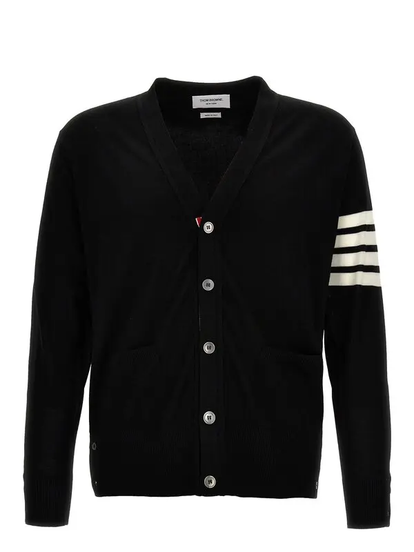 Thom Browne Merino Wool V-neck Cardigan With Signature Stripes - Black