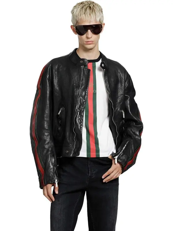 Gucci Buffalo Leather Biker Jacket With Web Stripe Detail - Black