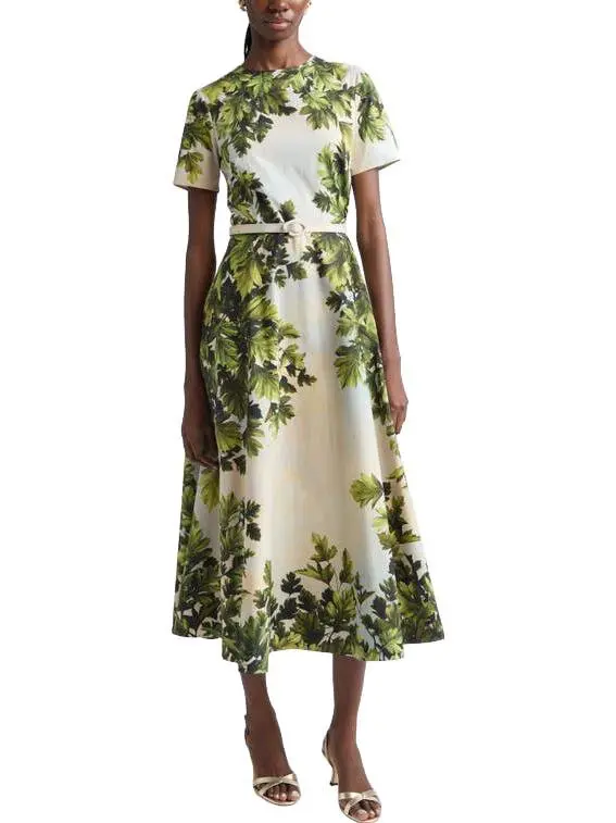 Oscar De La Renta Maple Leaves Cotton Stretch Poplin Midi Dress - Green Multi