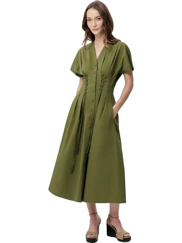 EXQUISE V-neck Midi Dress With Tie Waist And Pockets - Khaki