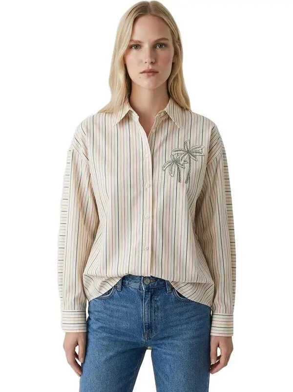 EXQUISE Striped Embroidered Long Sleeve Shirt - Cream
