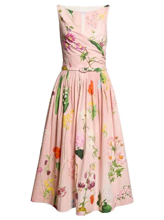 Oscar De La Renta Mixed Botanical Cotton Stretch Poplin Midi Dress - Blush Multi