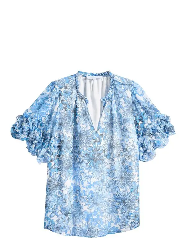 SUGARLIPS Tierra Ruffle Floral V-neck Top - Blues