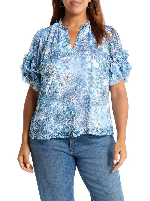 SUGARLIPS Tierra Ruffle Floral V-neck Top - Blues