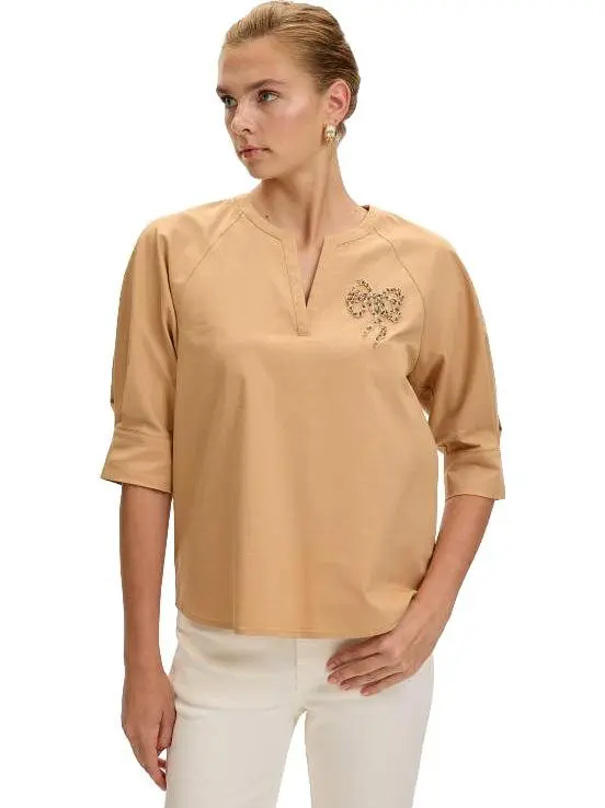 EXQUISE Katharine V-neck Embroidered Blouse - Camel