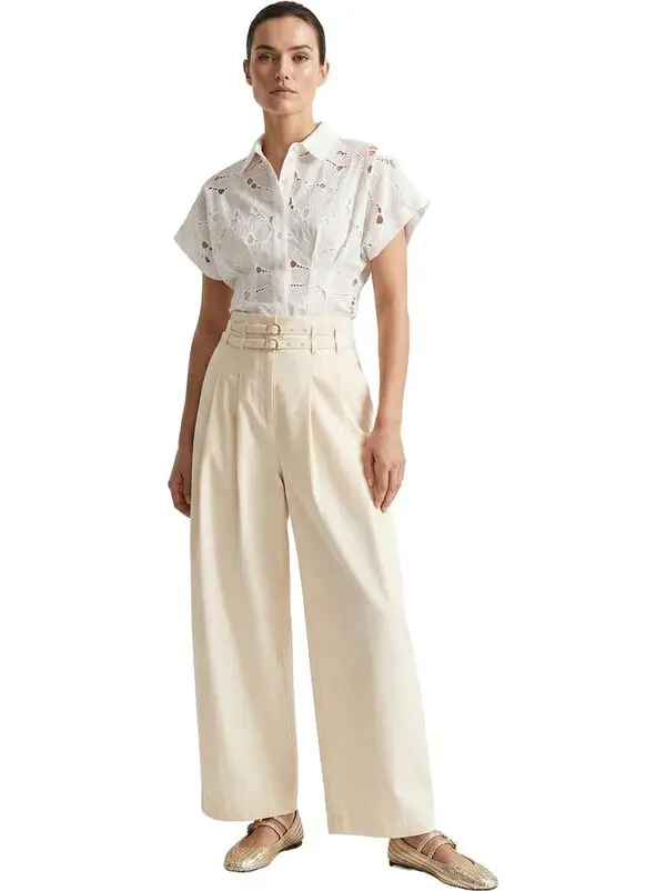 EXQUISE Mckenna Belted High-waisted Pleated Wide-leg Trousers - Ecru