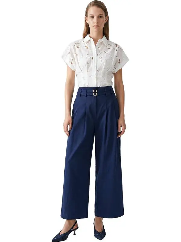 EXQUISE Mckenna Belted High-waisted Pleated Wide-leg Trousers - Navy