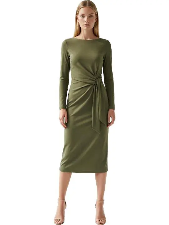 EXQUISE Crew Neck Long Sleeve Knit Midi Dress - Khaki
