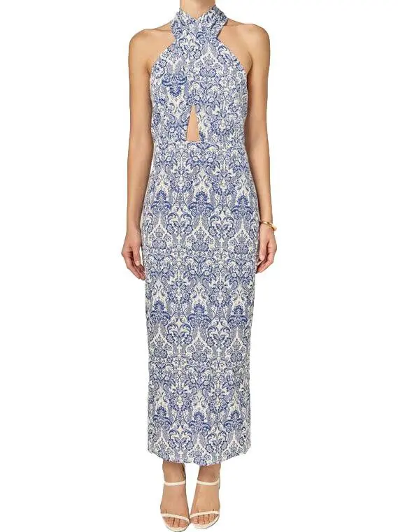 English Factory Printed Cutout Halter Maxi Dress - Blue