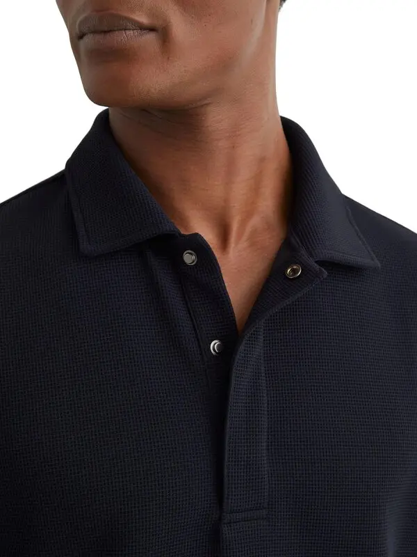 REISS Reed Textured Concealed-placket Polo Shirt - Navy