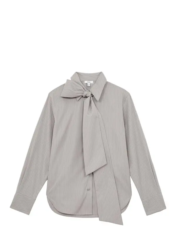 REISS Striped Cotton Tie-neck Shirt - Grey